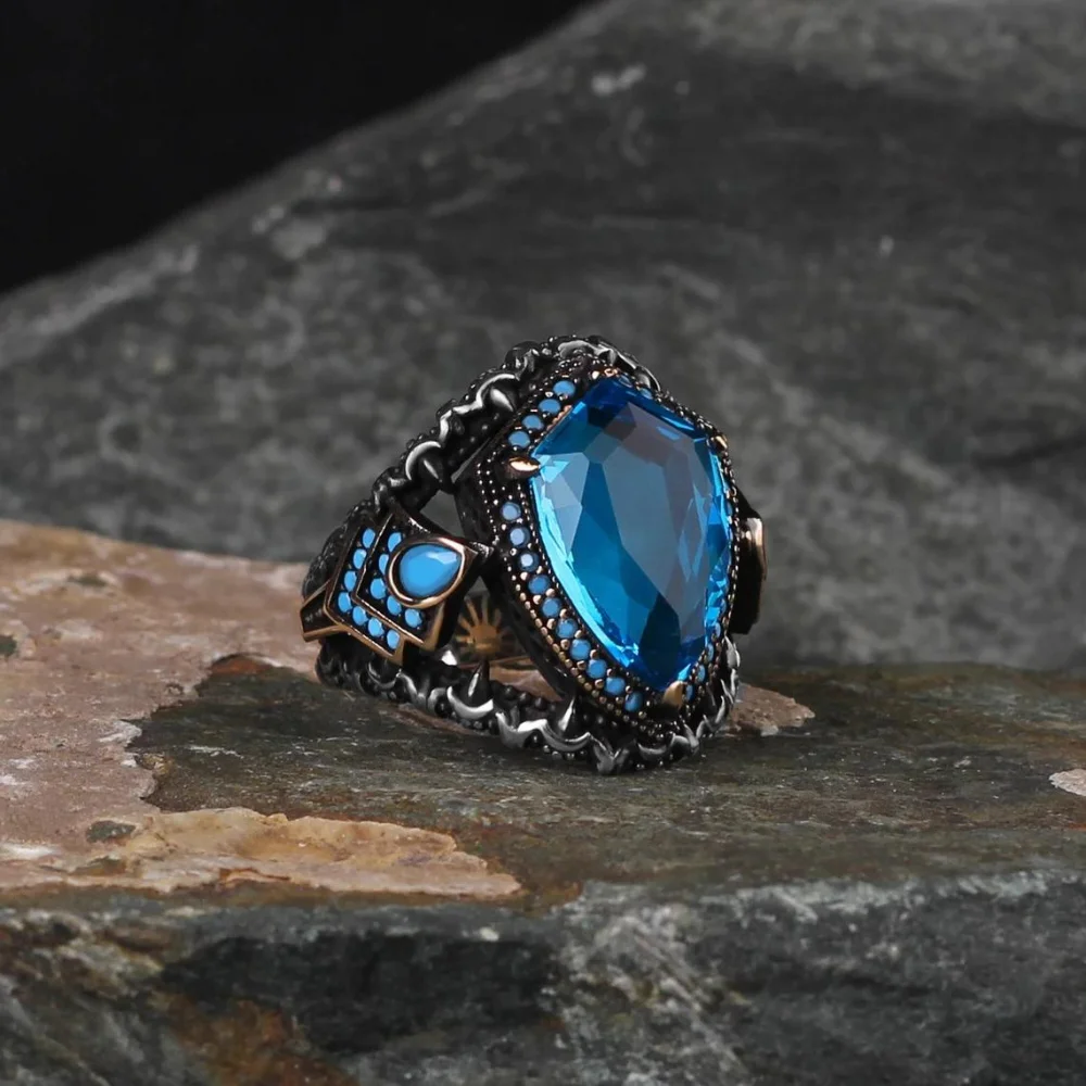 925K Sterling Silver Ring,Blue Topaz Gemstone Shield Design Exclusive ...