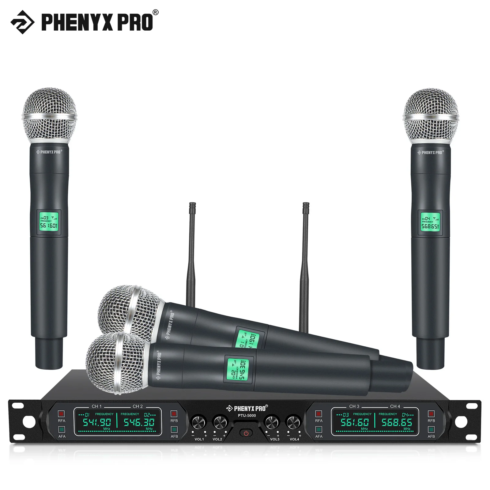 Phenyx Pro Wireless Microphone System Karaoke Home System 4-Channel UHF Professional Speaker ...