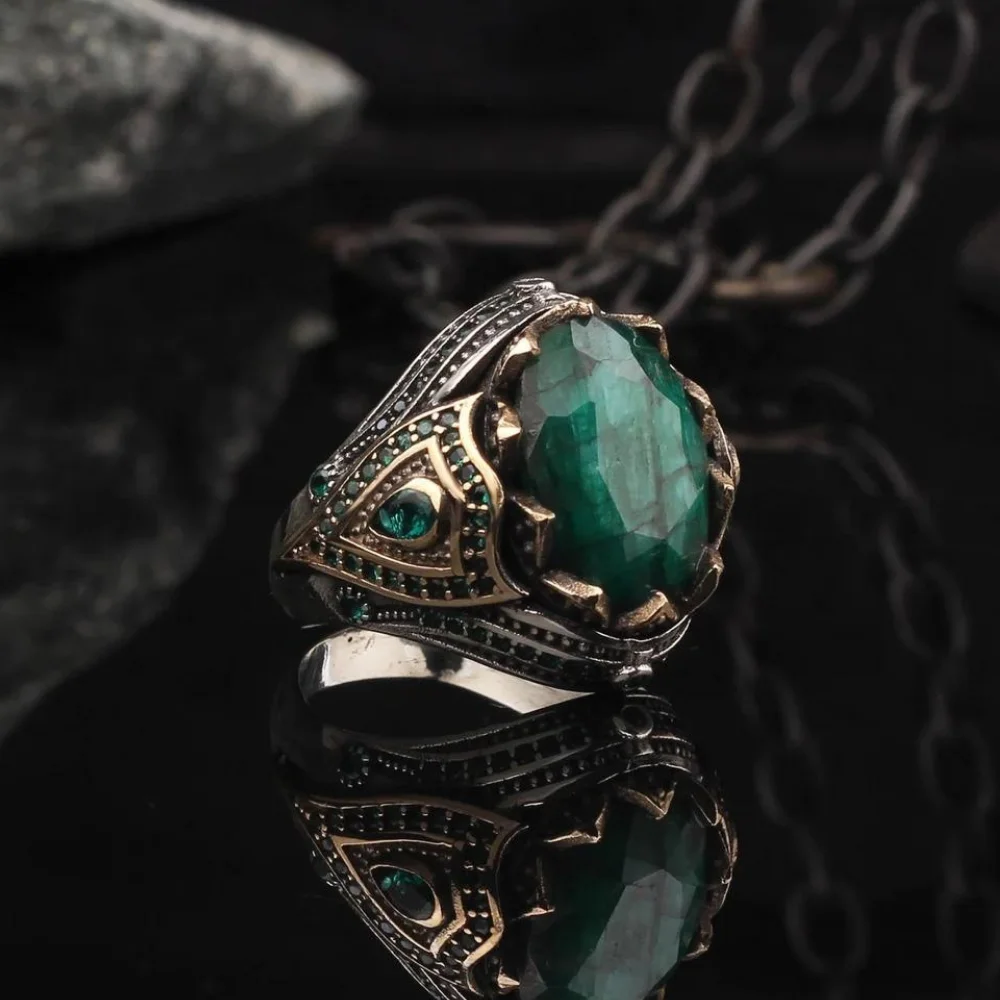 925K Sterling Silver Natural Emerald Gemstone With Side Zircon Stones ...