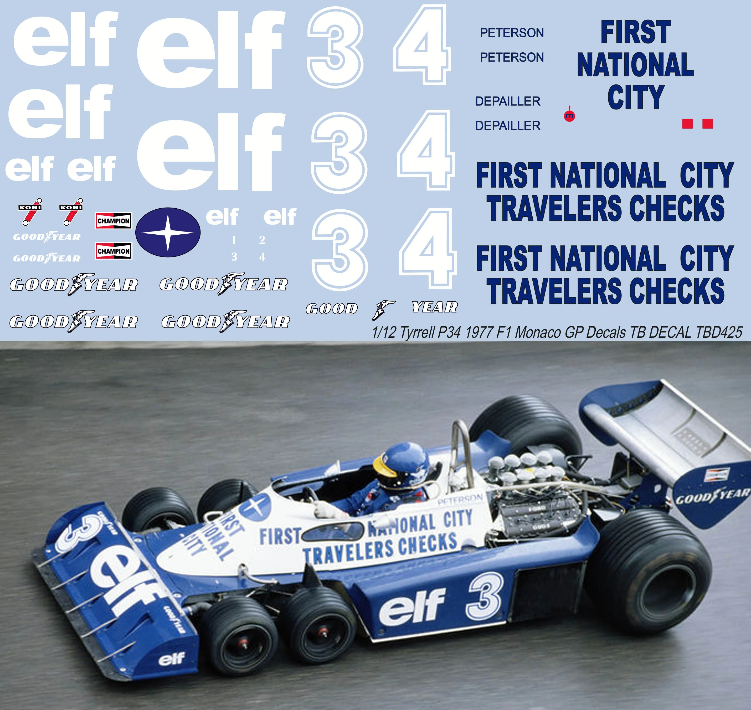 1/12 TYRRELL P34 MONACO F1 GP 1977 Anor DEPAILLER calcomanías TB ...