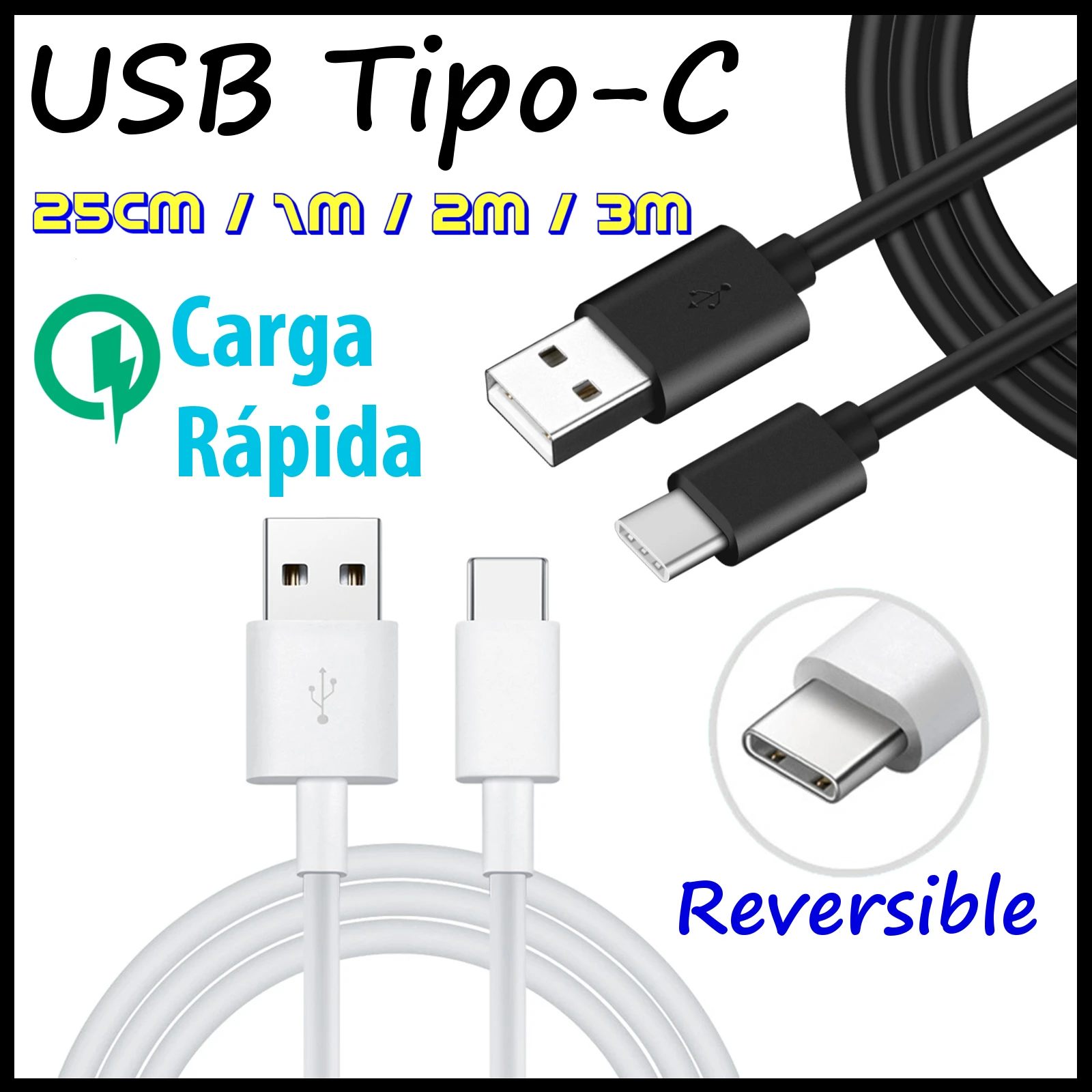Cable Micro USB Tipo C 3.1 de Carga Rápida y Datos para Móvil longitud 0,3m 1 metro 2 metros 3 ...