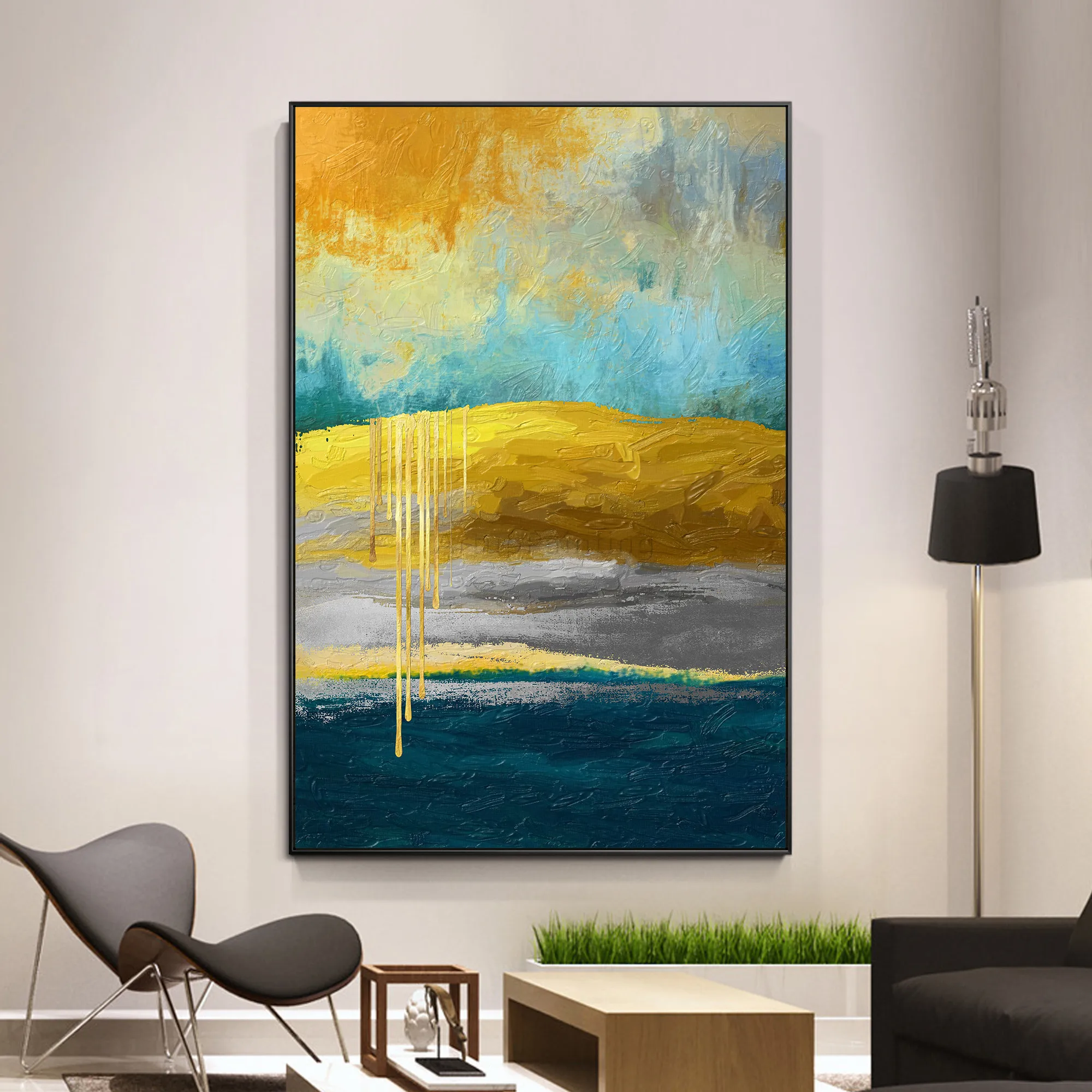 Large Modern Golden Original Acrylic Painting On Canvas Hand-Painted ...