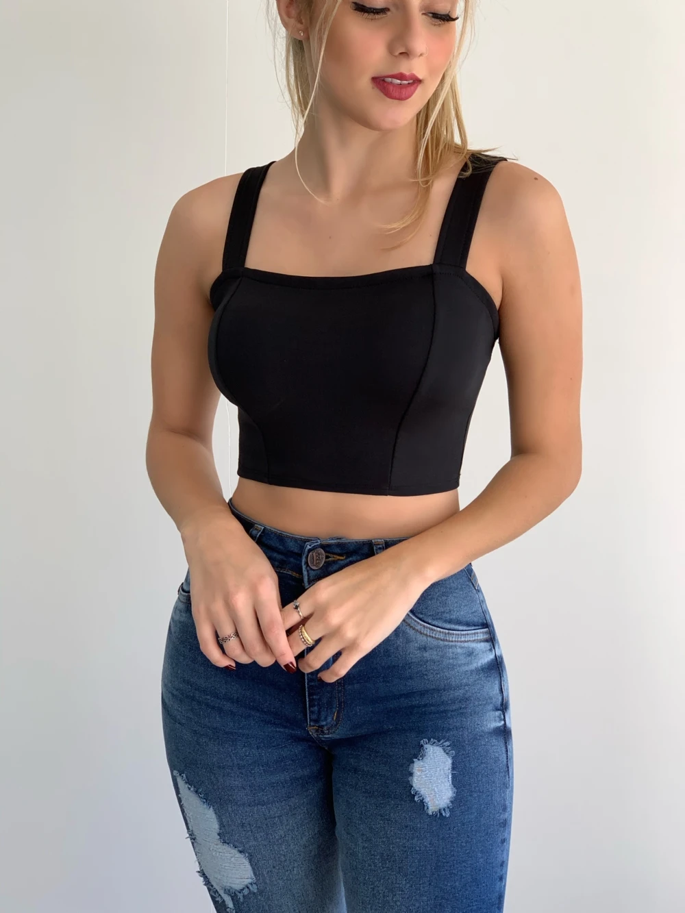 croppet faixa decote reto alça larga tecido com elastano moda blogueira ...