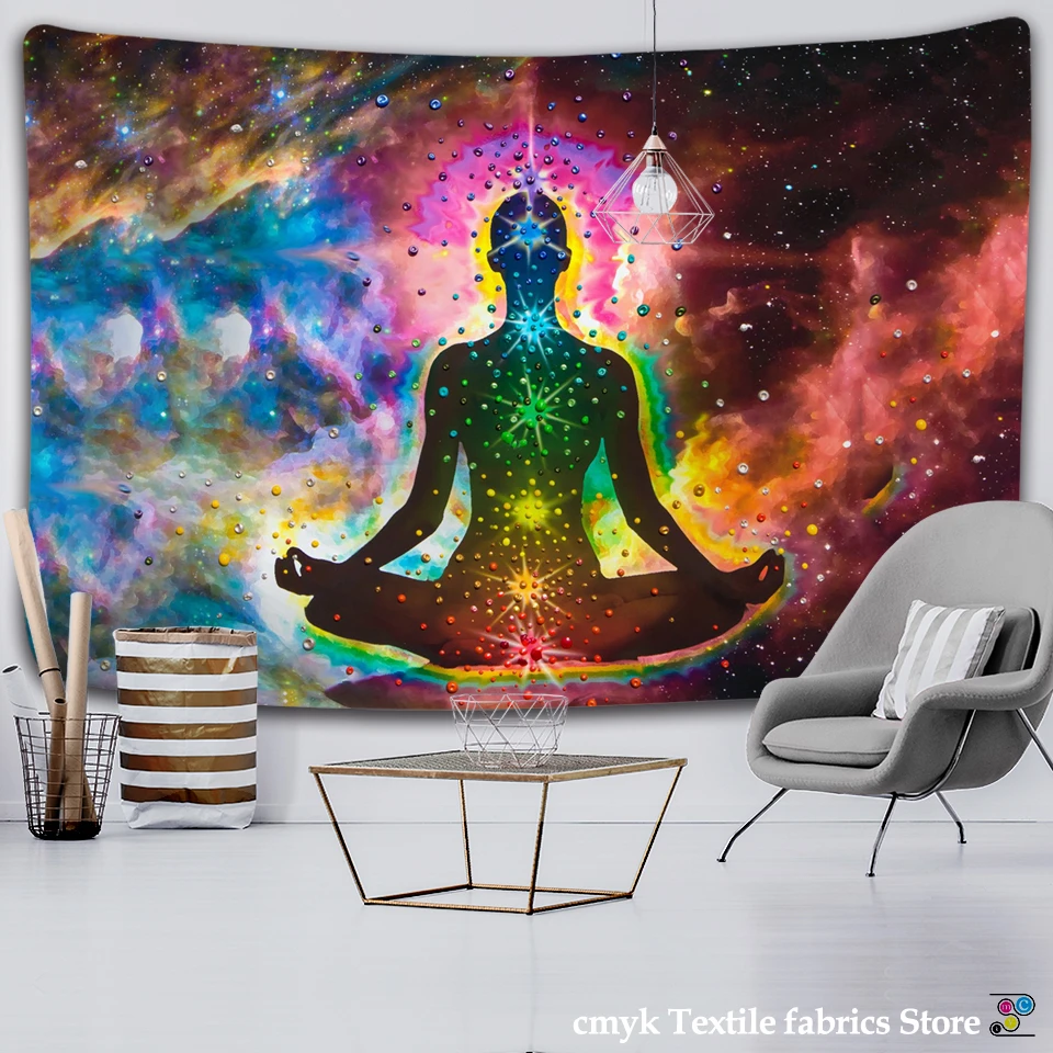 Indian Buddha Statue Meditation 7 Chakra Tapestry Wall Hanging Mandala ...