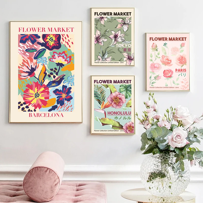 royal blue flower prints French pastel wall hanging abstract art light ...